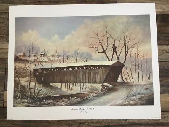 Vintage Russell May Print Covered Bridge in Winter - Etsy