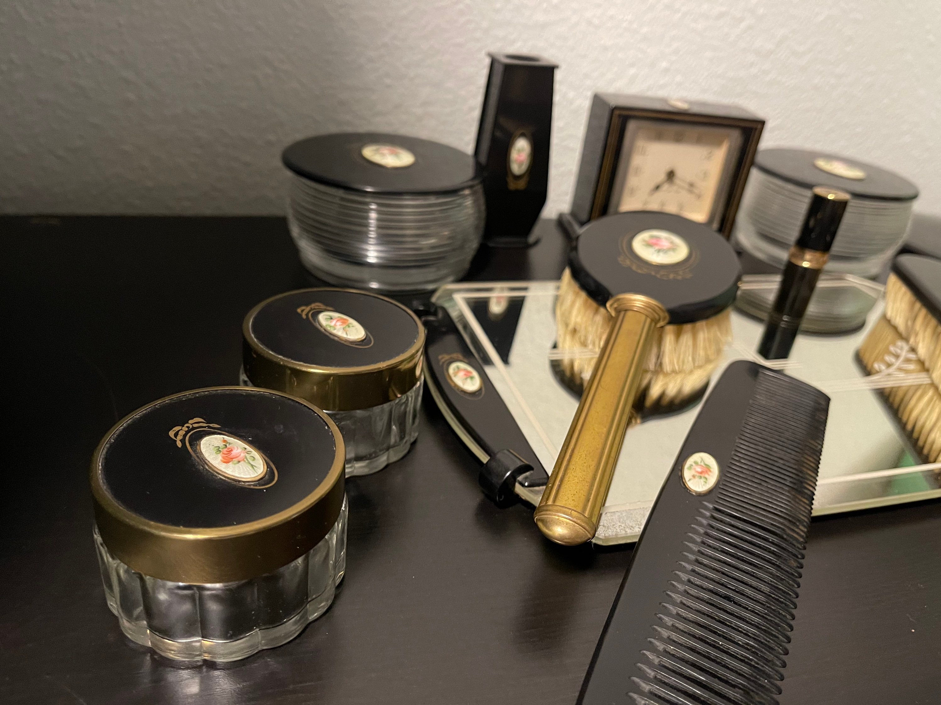 Antique Vanity Set Bakelite Black Pink Rose 18 Piece Set 1920 | Etsy