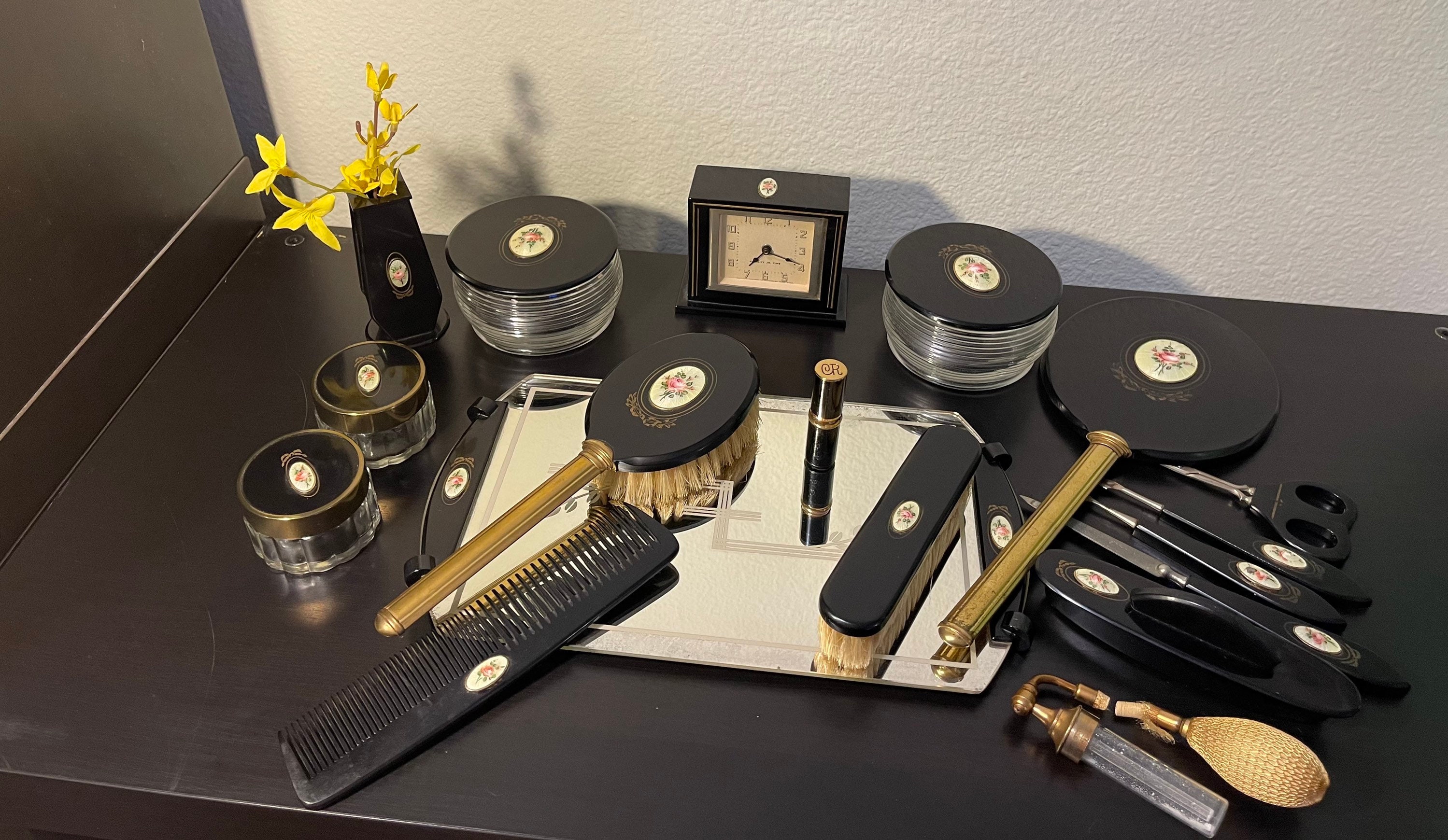 Antique Vanity Set Bakelite Black Pink Rose 18 Piece Set 1920 | Etsy