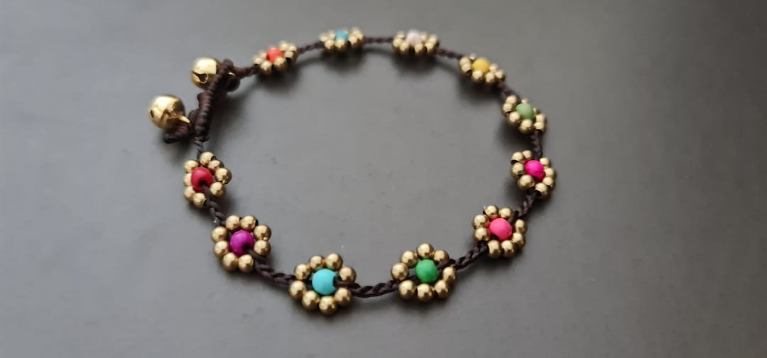 Rainbow Brass Flower Anklet Bracelet, Beaded Anklet, Women Anklet ...