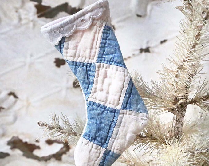 Mini Blue and White Christmas Stocking, Small Stocking Ornament, Vintage Quilt Mini Stocking ...