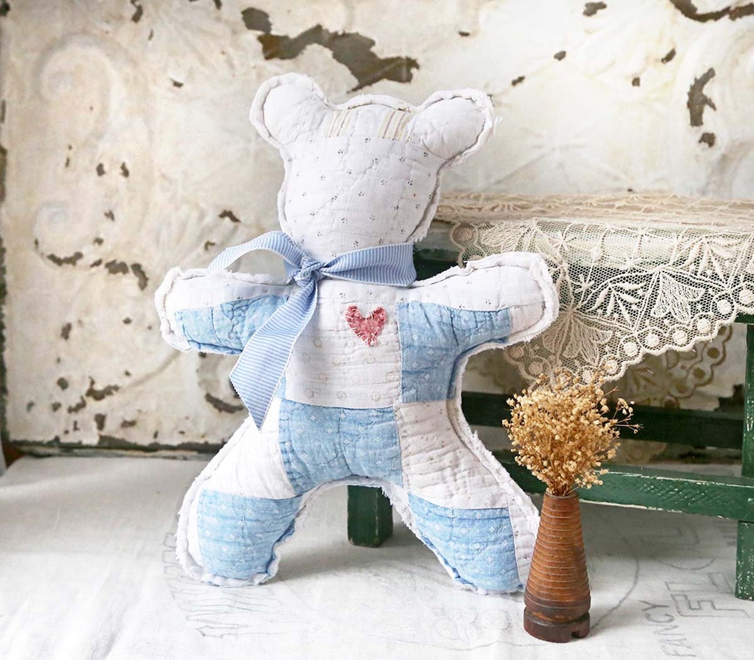 Quilted Teddy Bear, Vintage Quilted Bear, Blue and White Quilt Bear ...