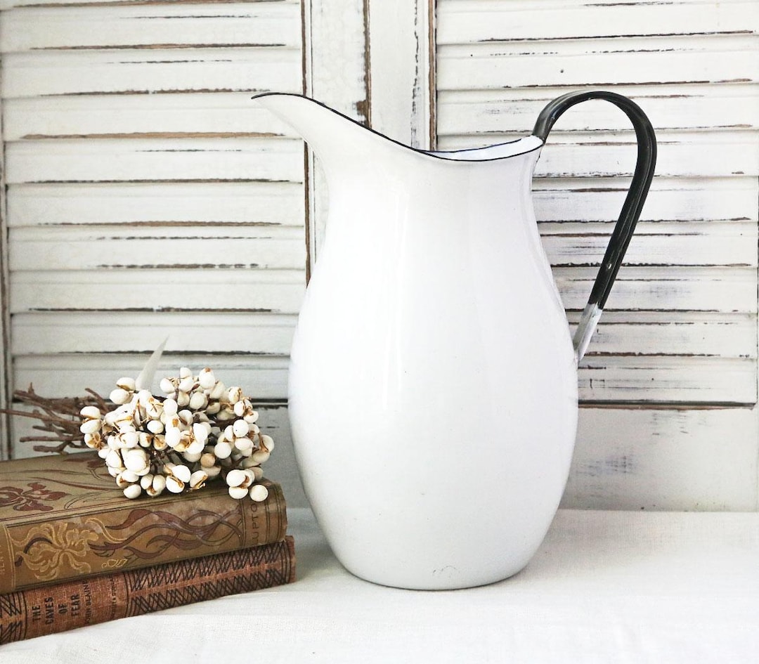 Vintage Enamel Pitcher, White Enamel Pitcher From Sweden, Vintage ...