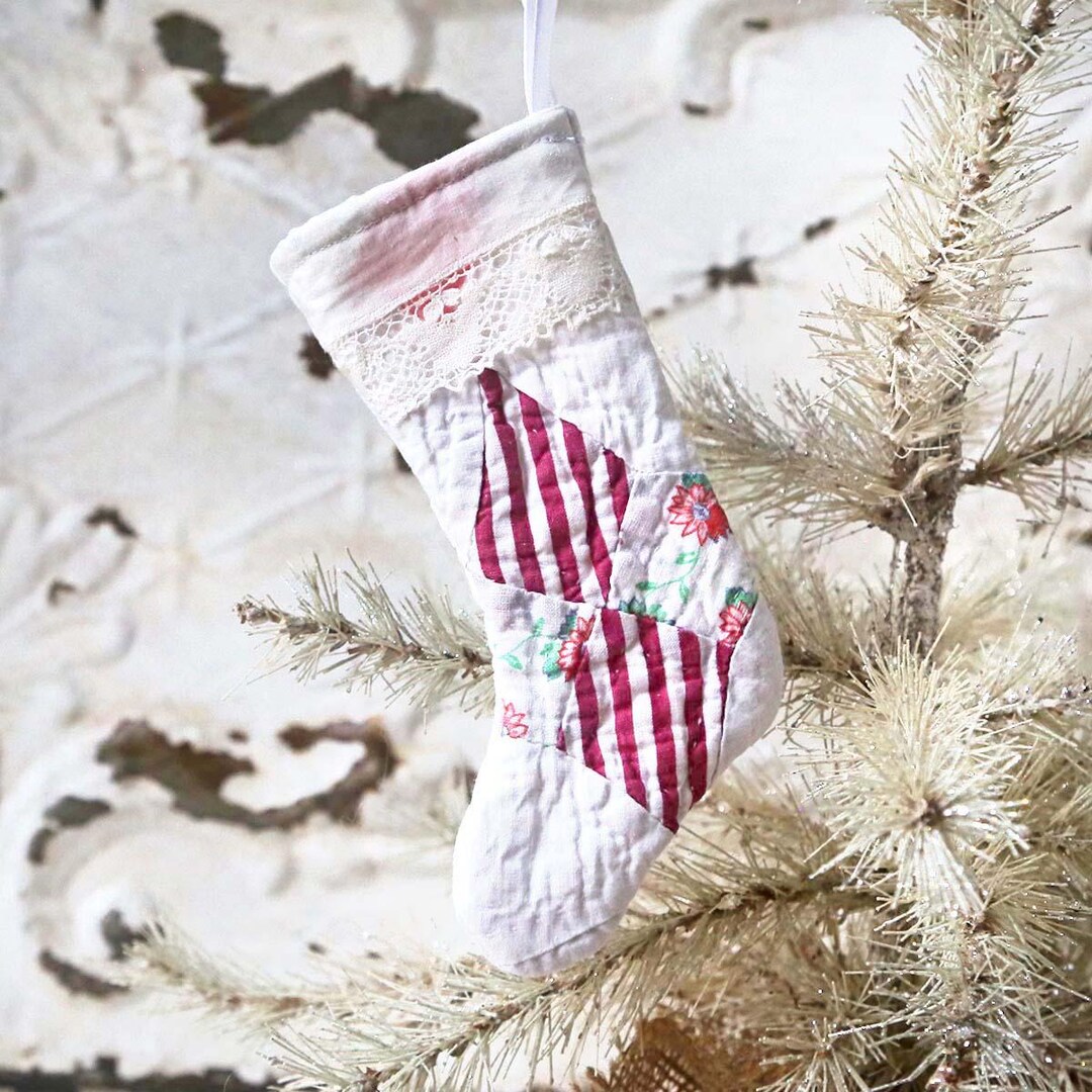 Vintage Quilt Mini Stocking, Mini Christmas Stocking, Small Stocking Ornament, Quilt Stocking ...
