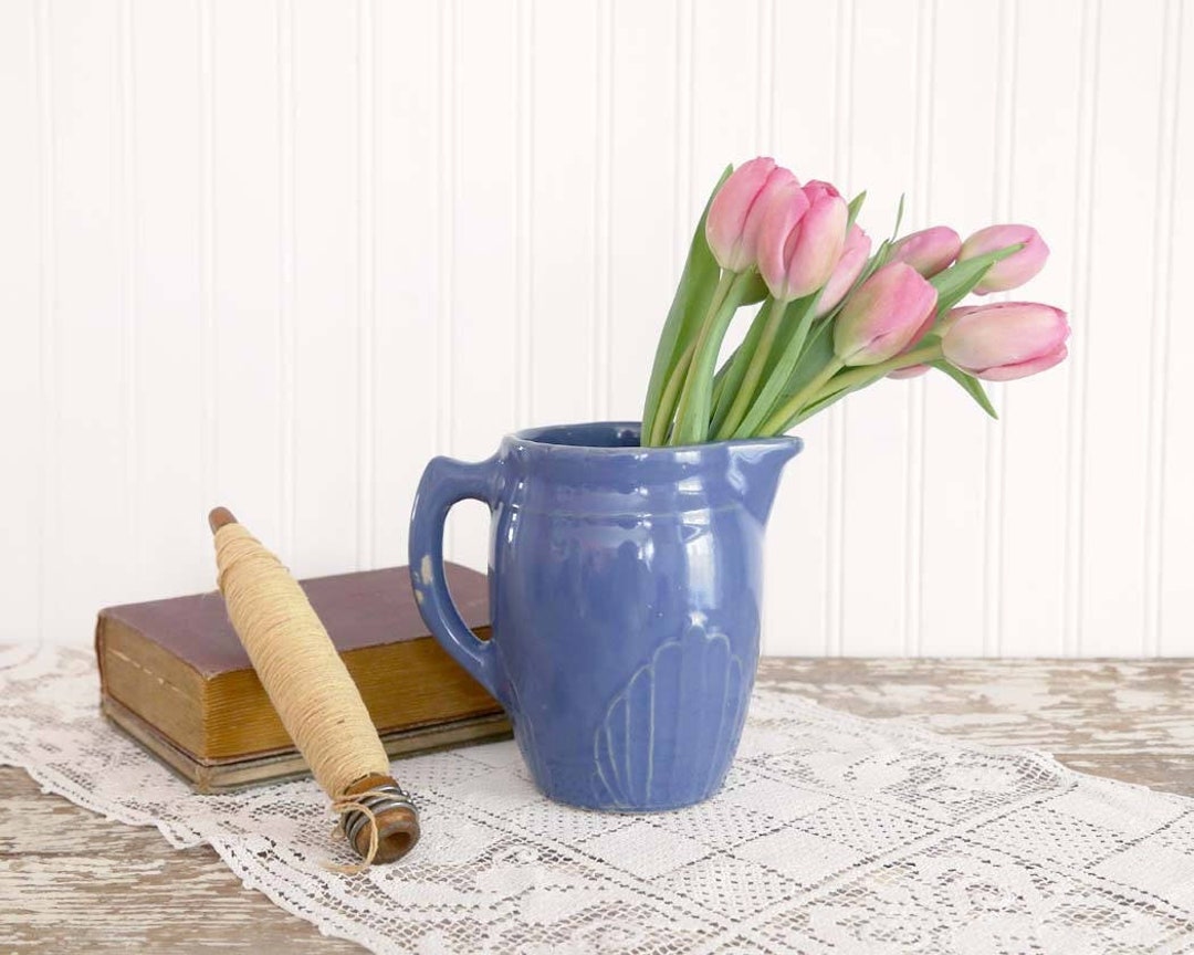 Blue Pottery Pitcher, Farmhouse Pitcher, Vintage Blue Stoneware Pitcher ...