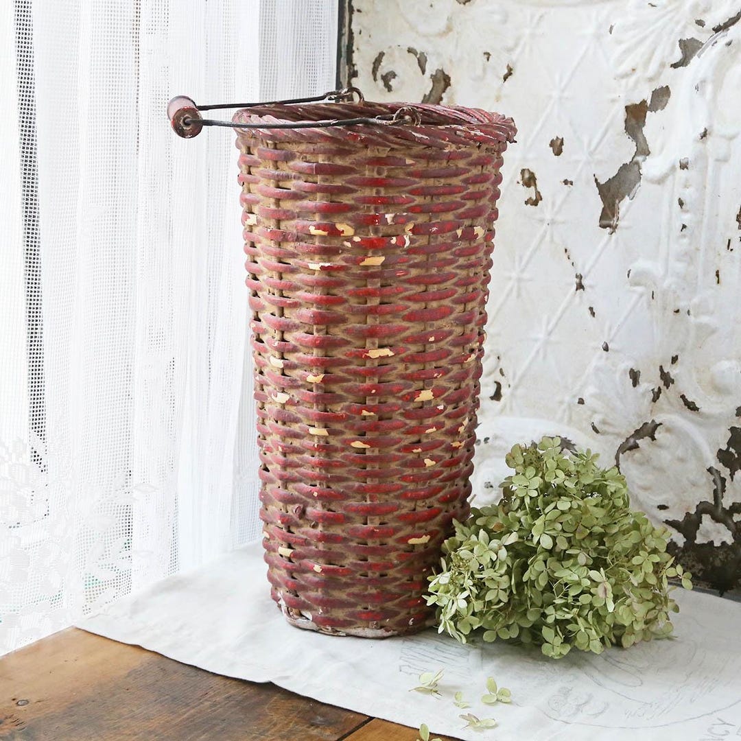 Vintage Large Tall Wicker Basket, Tall Red Wicker Basket, Vintage ...