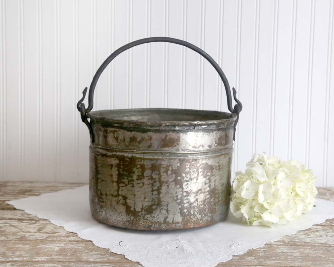 Vintage Hammered Tin Cauldron, Large Tin Pot, Tin and Copper Plated ...