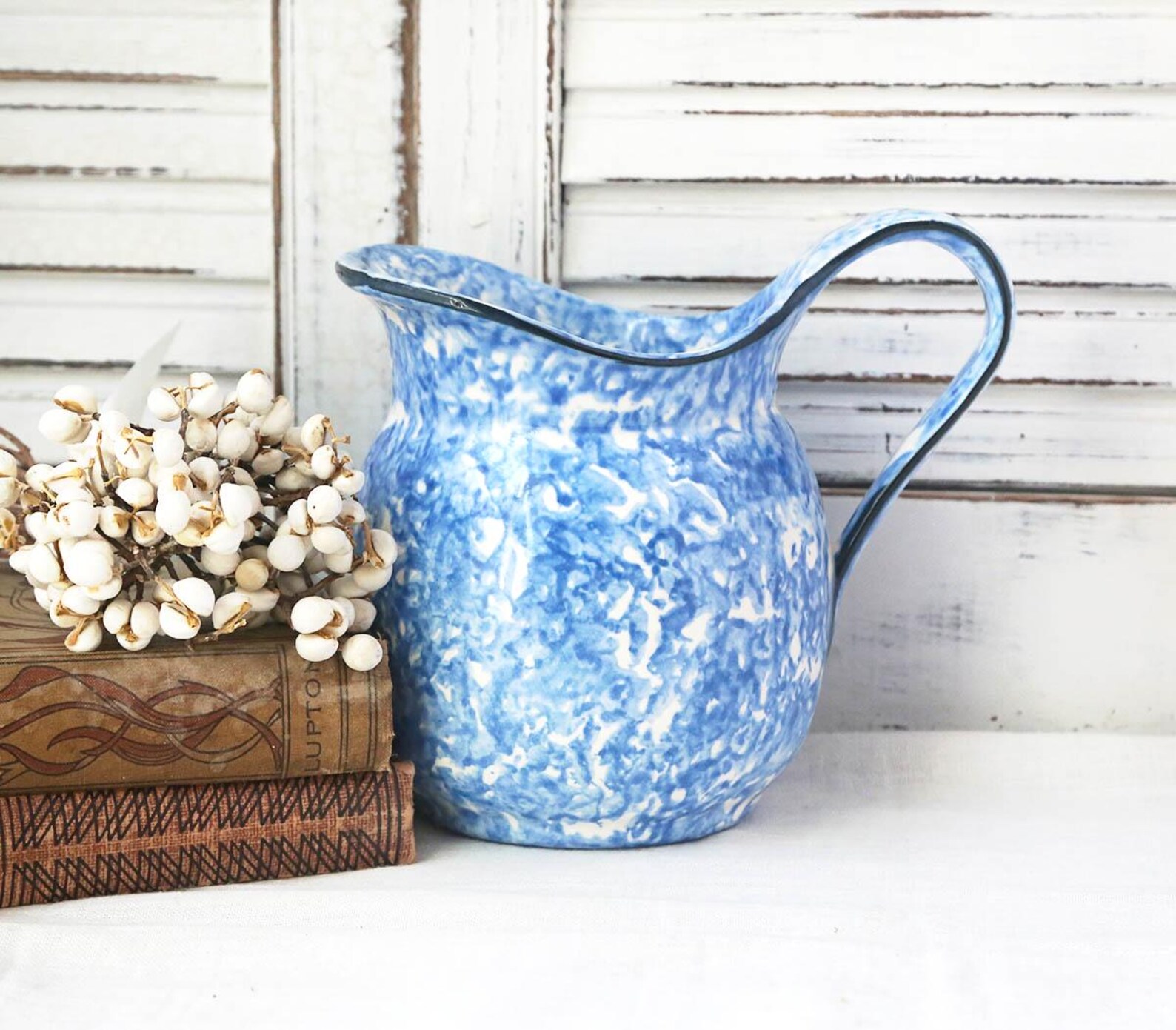 Vintage Stangl Spongeware Pitcher: Blue and White Farmhouse Pottery - Etsy