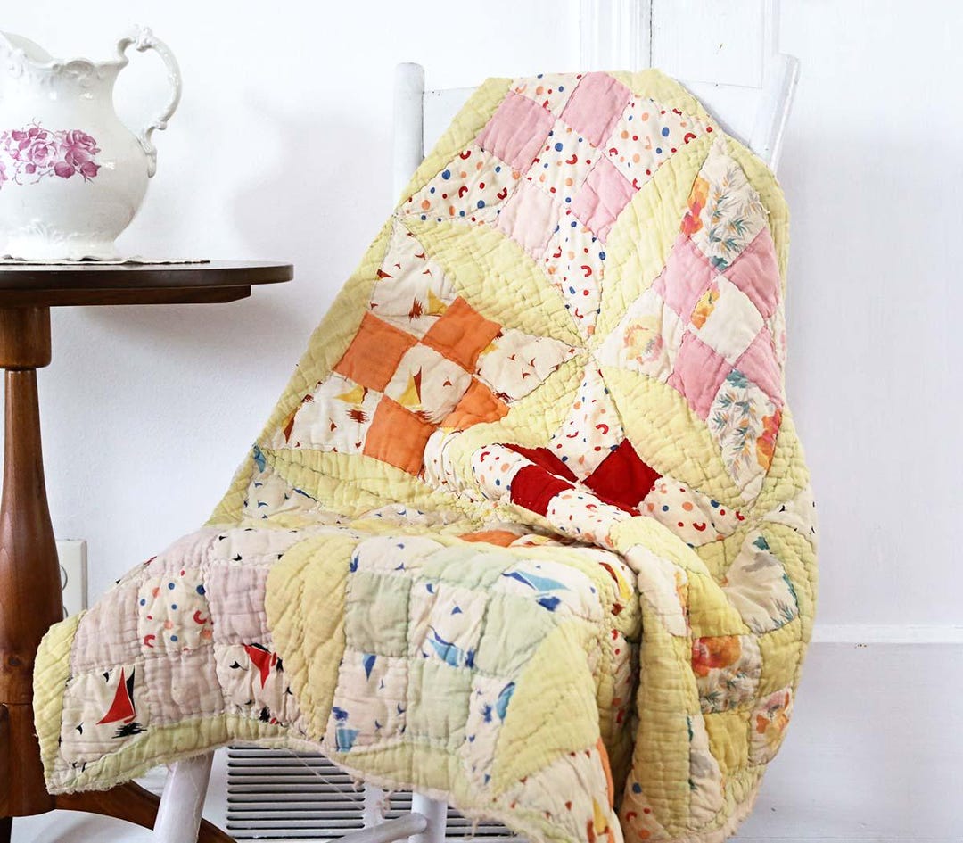 Yellow Patchwork Quilt Piece, Vintage Yellow Quilt Piece, Cutter Quilt ...
