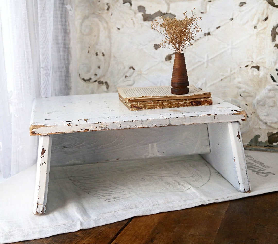 Vintage White Step Stool, Rustic Foot Stool, Chippy White Step Stool ...