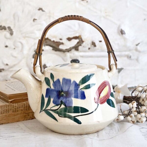 Ceramic Teapot Japan Wicker Handle - Etsy