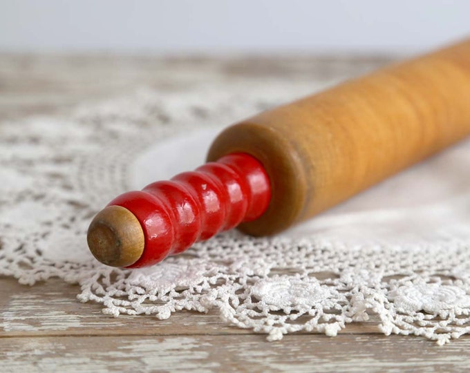 Vintage Red Handle Rolling Pin, 1950s Rolling Pin, Retro Kitchen, Mid ...
