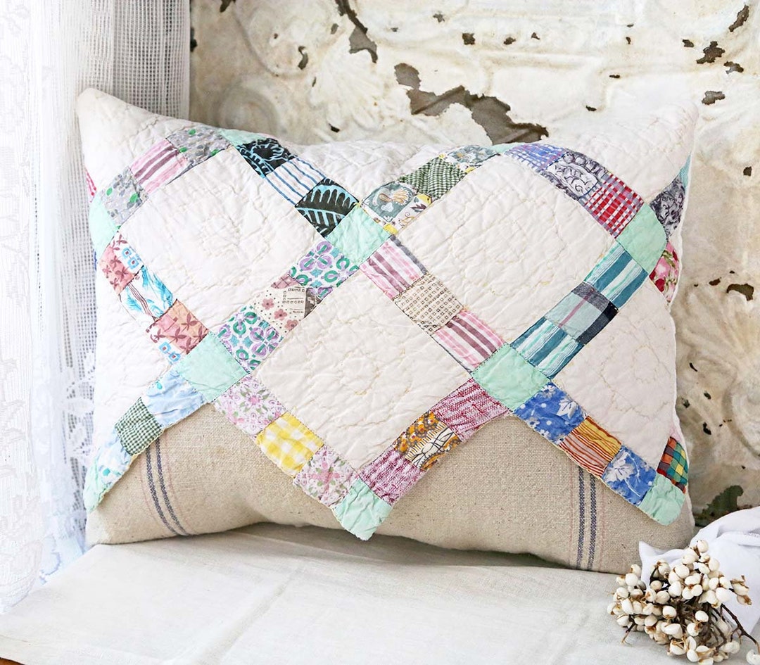 Vintage Quilted Pillow, Grain Sack Pillow, Large Quilt Pillow, Quilt Throw Pillow, Cottage Throw ...