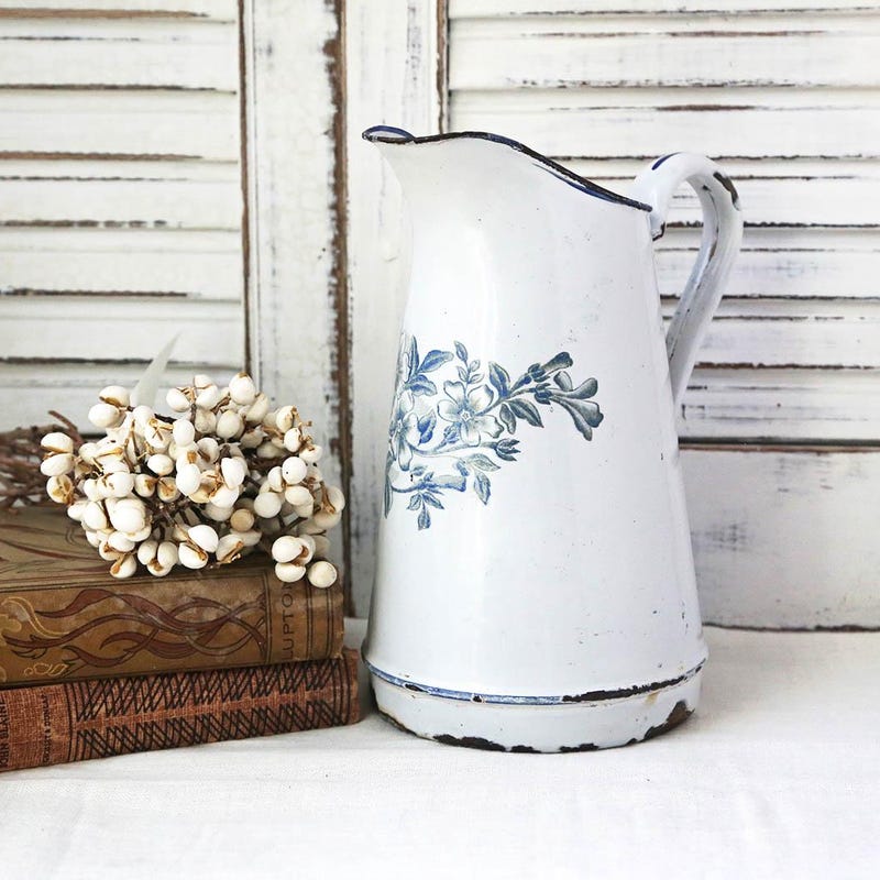 White Enamel Pitcher - Etsy