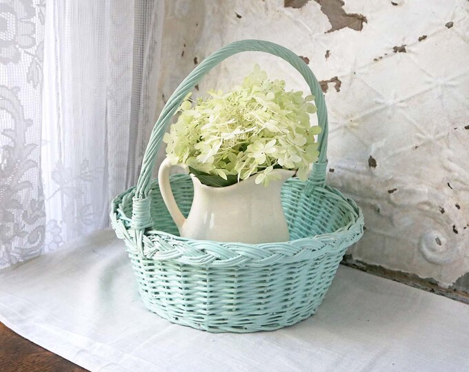 Vintage Green Wicker Basket With Handle, Farmhouse Basket, Easter ...