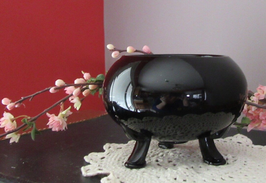 Vintage Viking Black Glass Flowerlite Footed Rose Bowl / Vase Missing ...