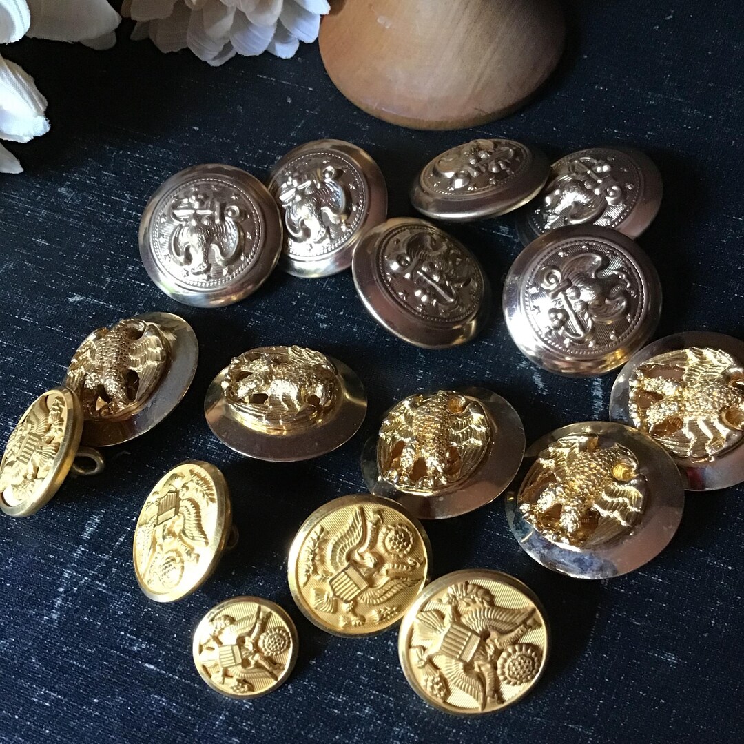 Assorted Gold Vintage Military Buttons 16 Metal Shank Buttons Waterbury ...