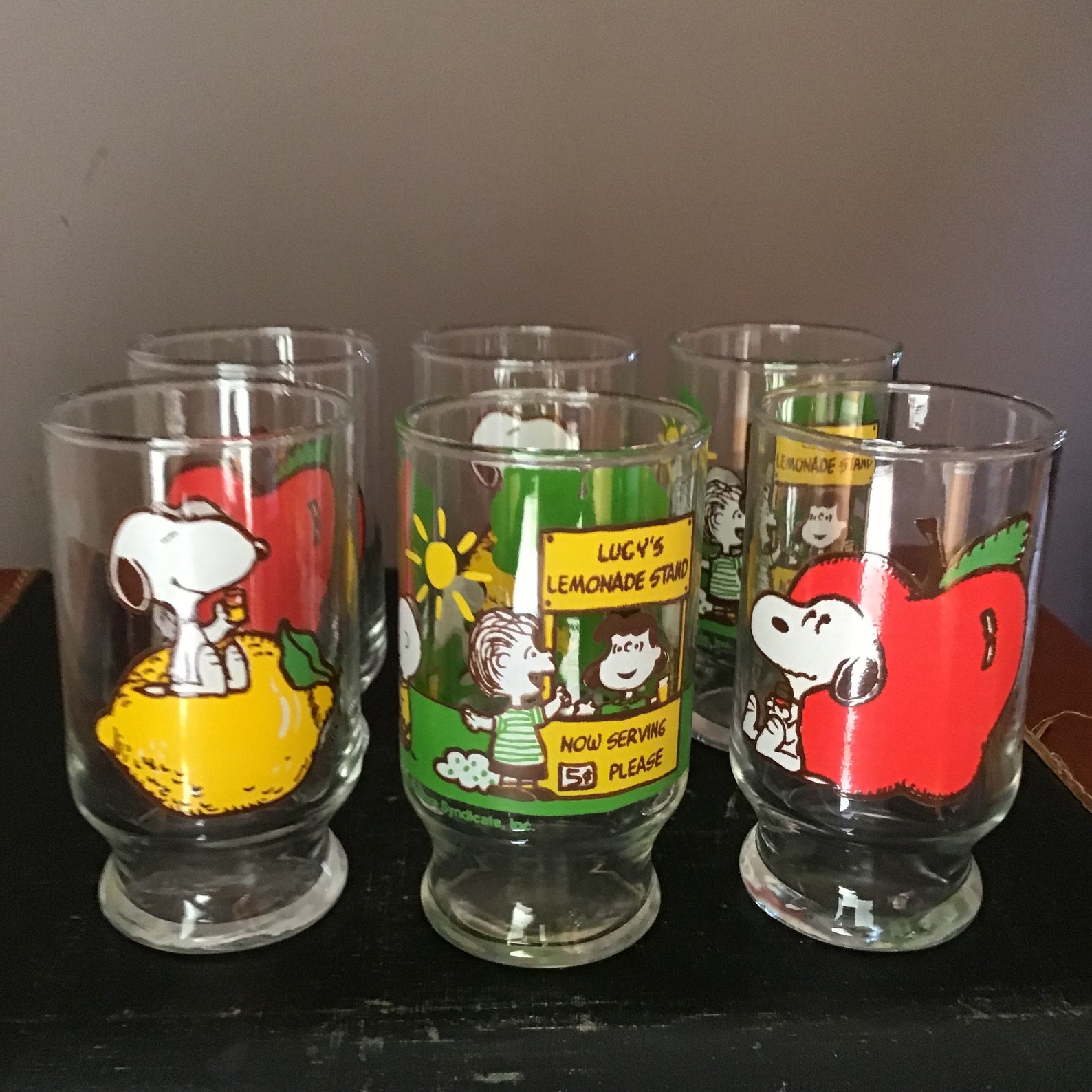 Six 6 Peanuts 1970’s 6 Ounce Juice Glasses Apple Lemon and Lucy’s ...