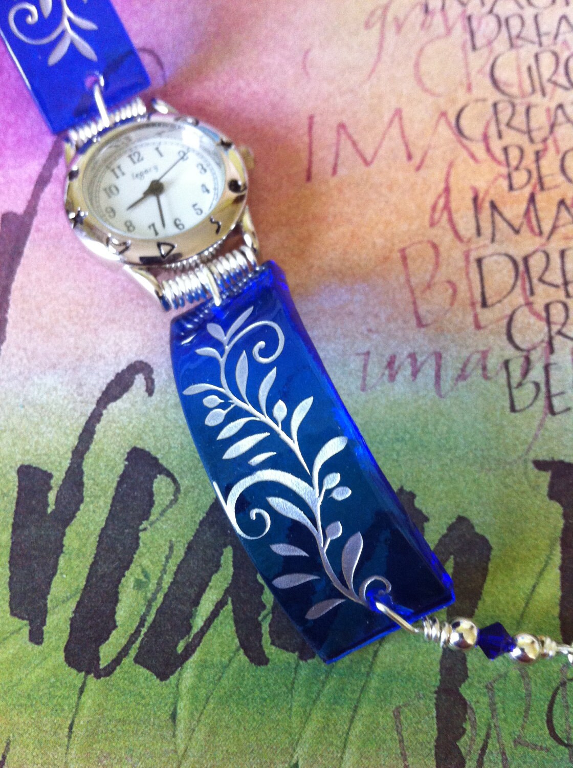Sandcarved Design on Blue Glass Watch - Etsy