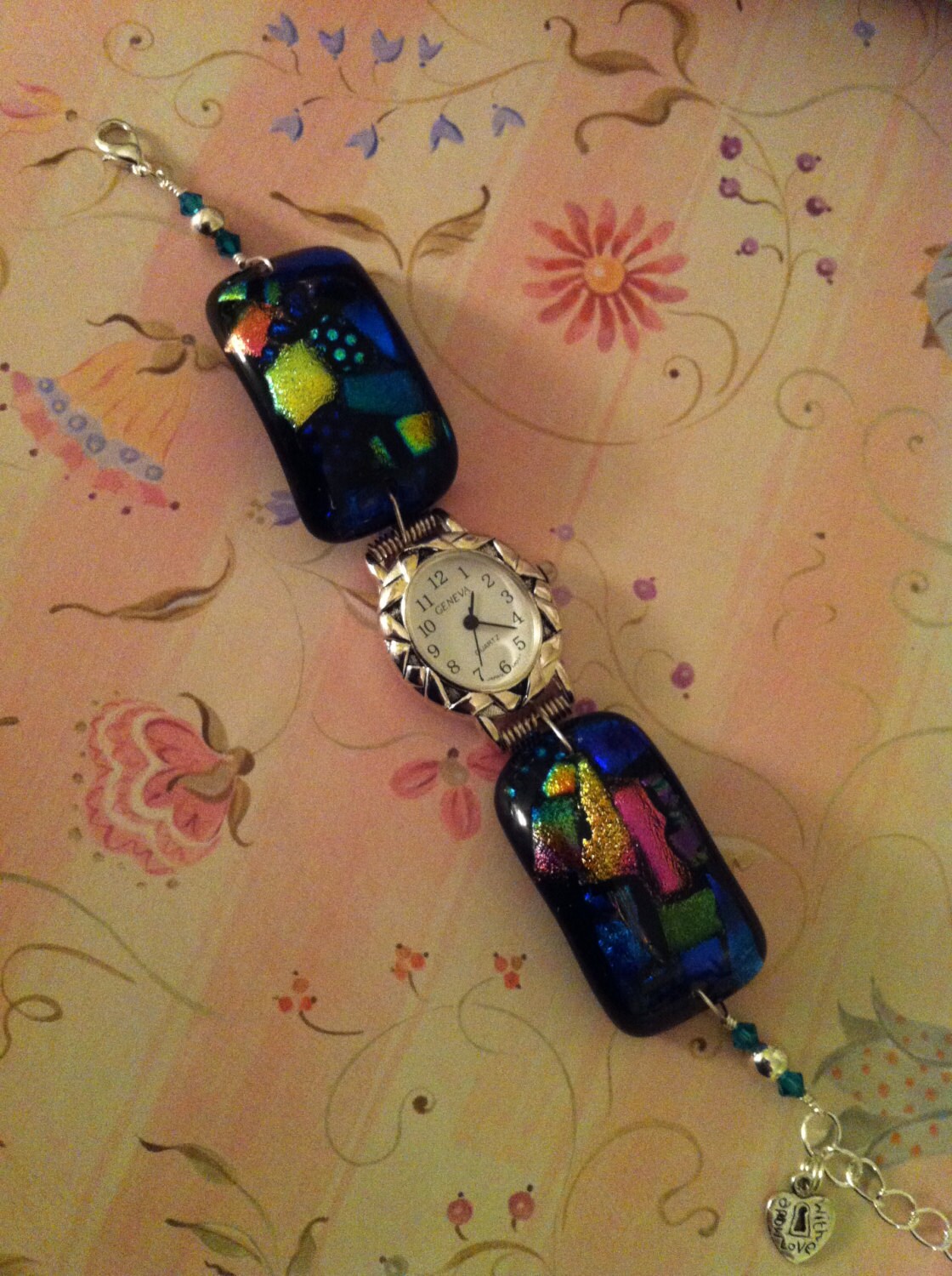 Sandcarved Floral Design Green Glass Watch - Etsy