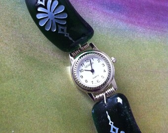 Sandcarved Floral Design Green Glass Watch | Etsy