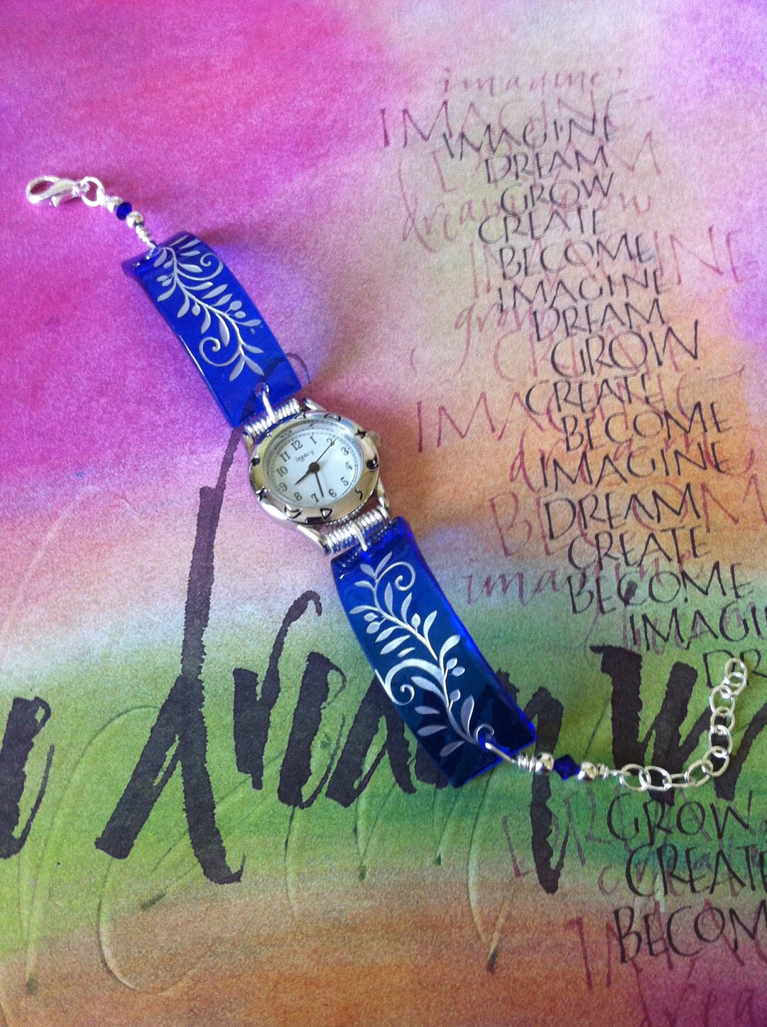 Sandcarved Design on Blue Glass Watch - Etsy