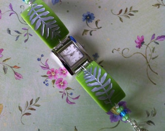 Sandcarved Floral Design Green Glass Watch | Etsy