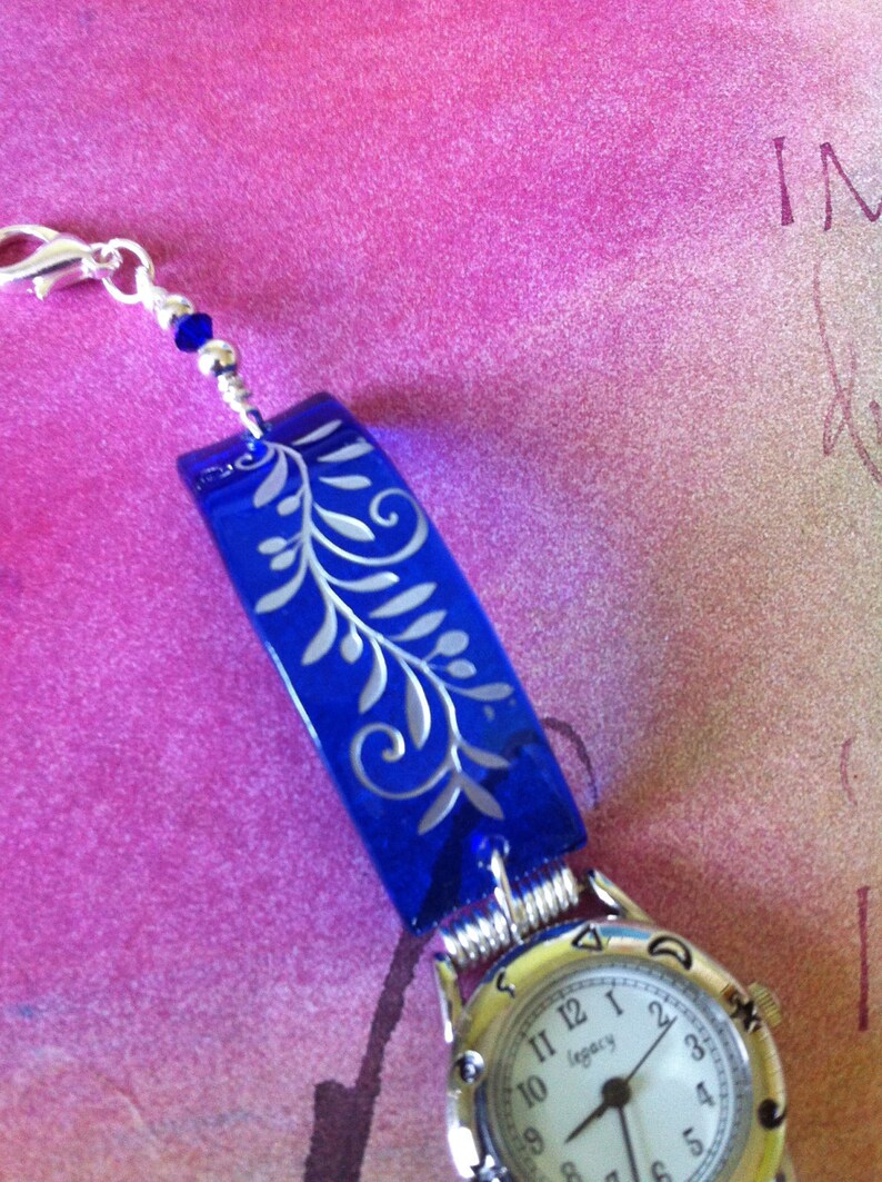 Sandcarved Design on Blue Glass Watch - Etsy