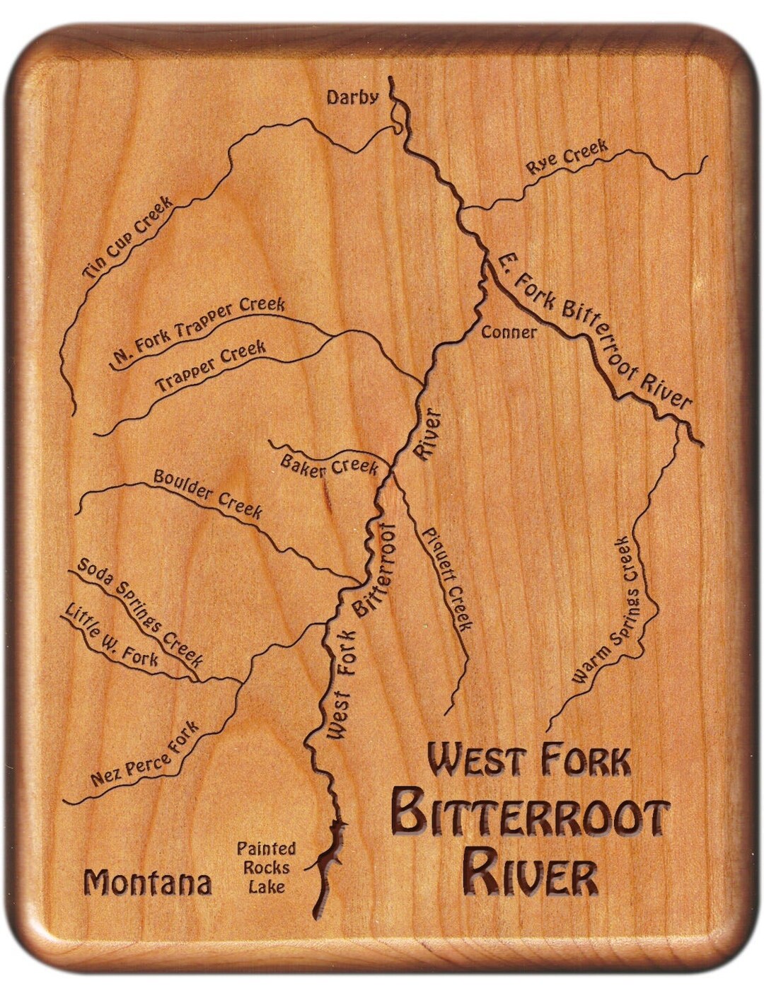 BITTERROOT WEST FORK River Map Fly Fishing Box. Personalized, Handcrafted, Custom Engraved Gift ...