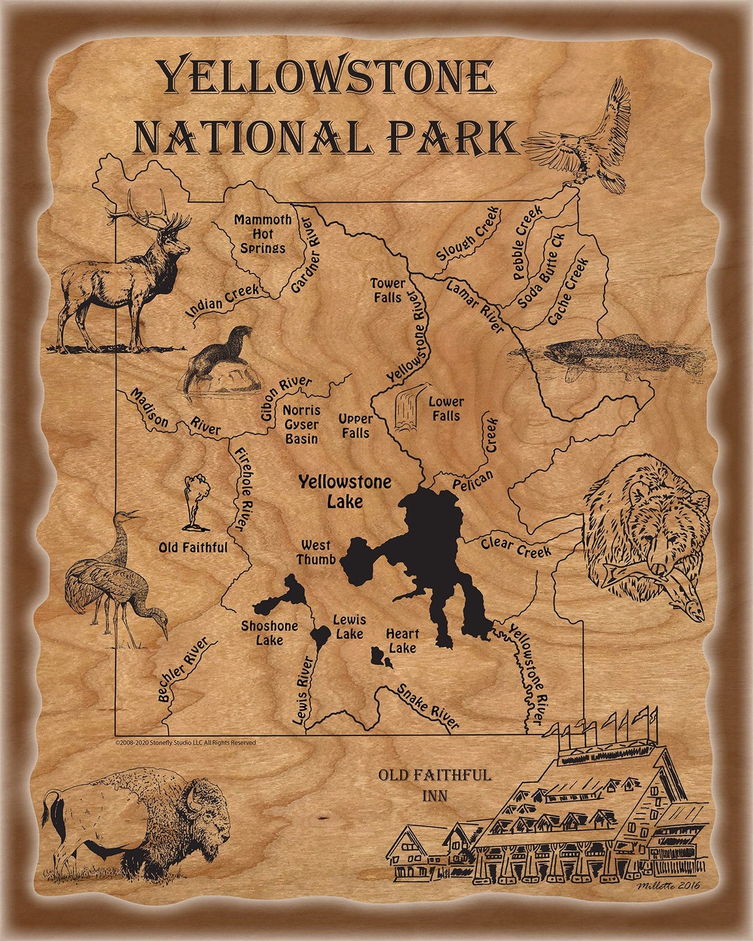 YELLOWSTONE NATIONAL PARK River Map Wildlife Poster 16x20. Original ...