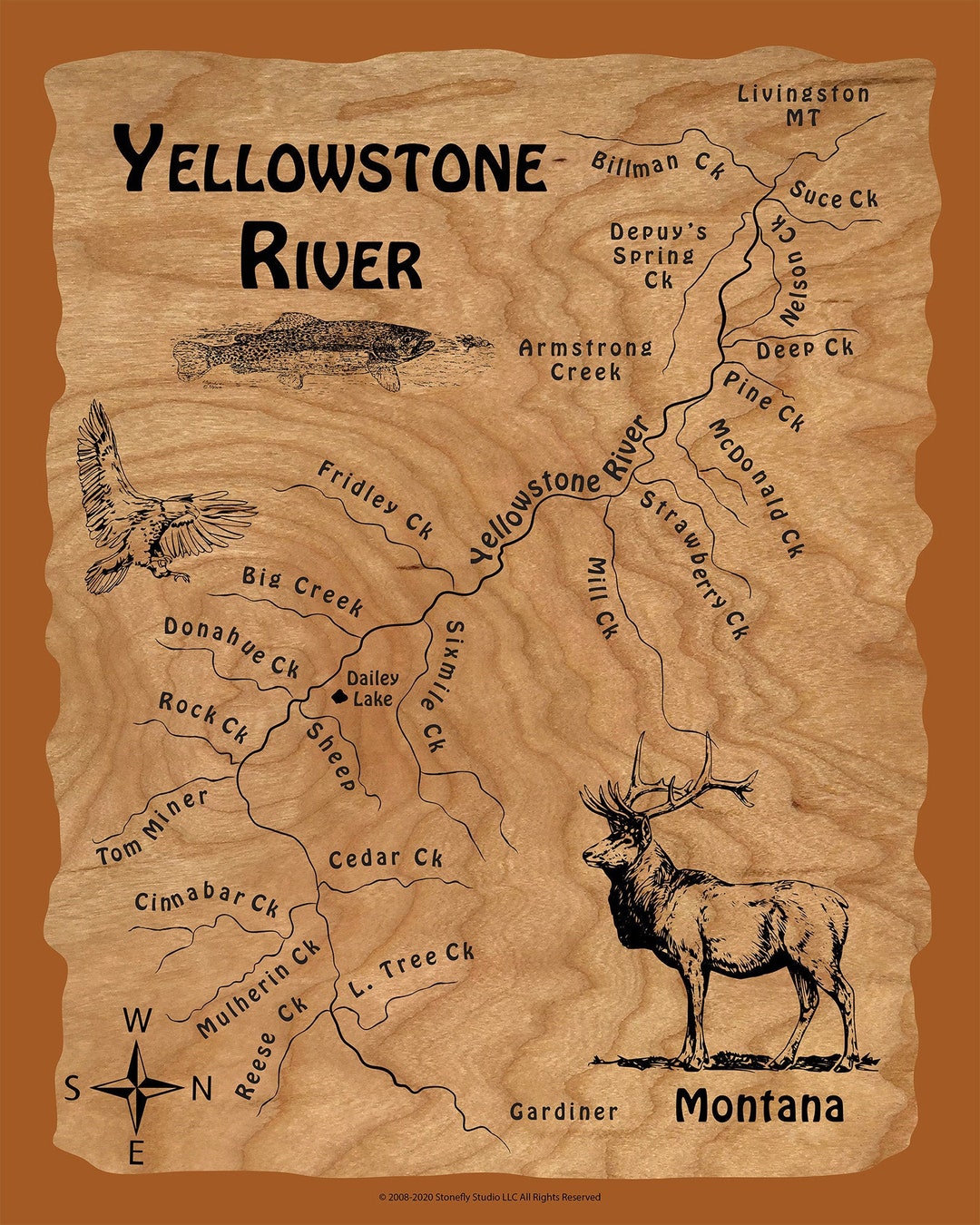 YELLOWSTONE RIVER Map Wildlife Art Poster 16x20. Original Stonefly ...