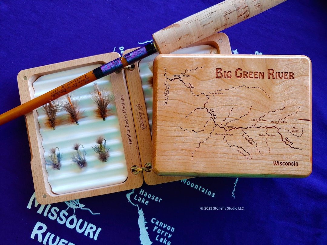 BIG GREEN River Map Fly Box. Personalized Gift, Handcrafted, Custom Laser Engraved Gift ...