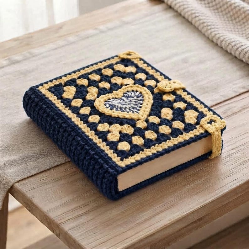 Crochet Book Sleeve Pattern With Heart Motif – Adjustable Granny Square ...