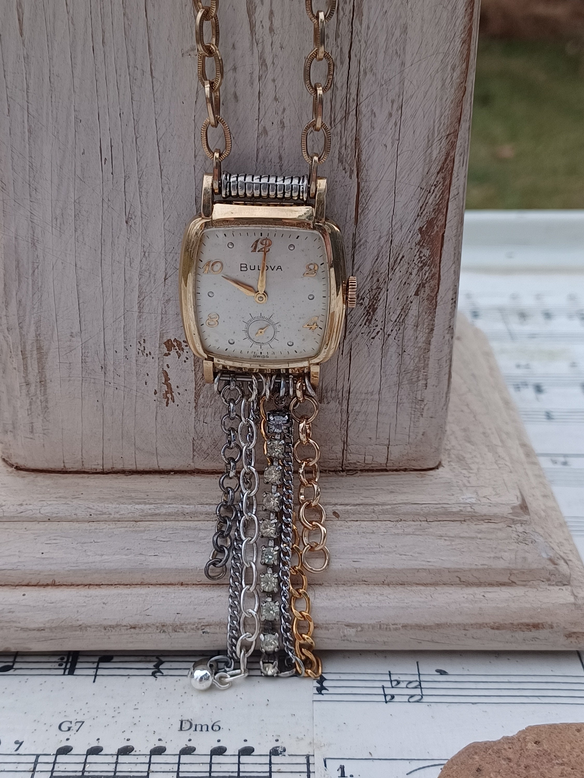 Vintage Bulova Watch Pendant Necklace, Repurposed Vintage Bulova Watch ...