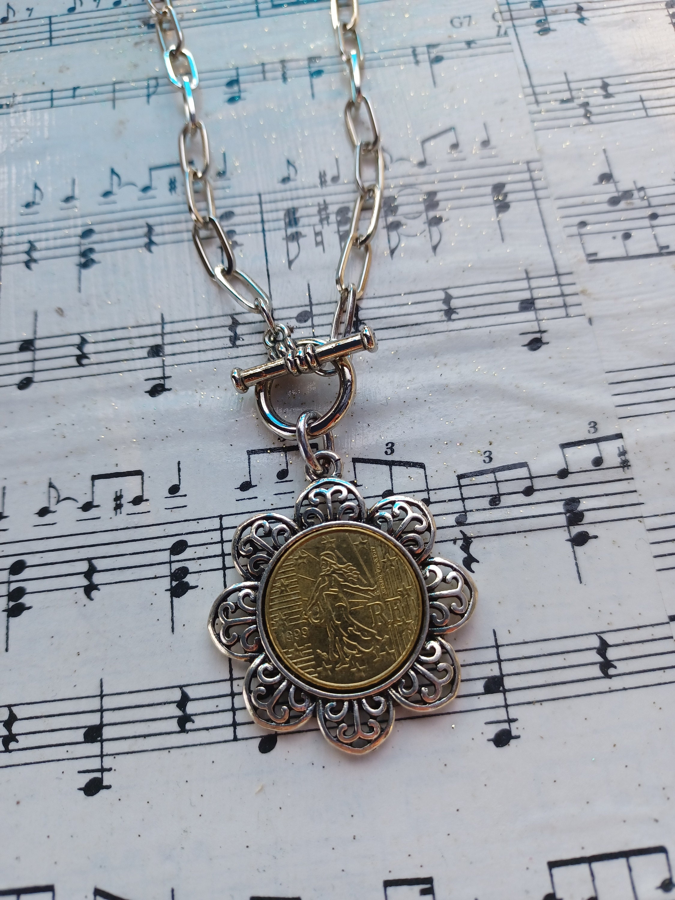 1999 20 Euro Cent Coin Bezel Necklace, Euro Coin Jewelry, Two Toned ...