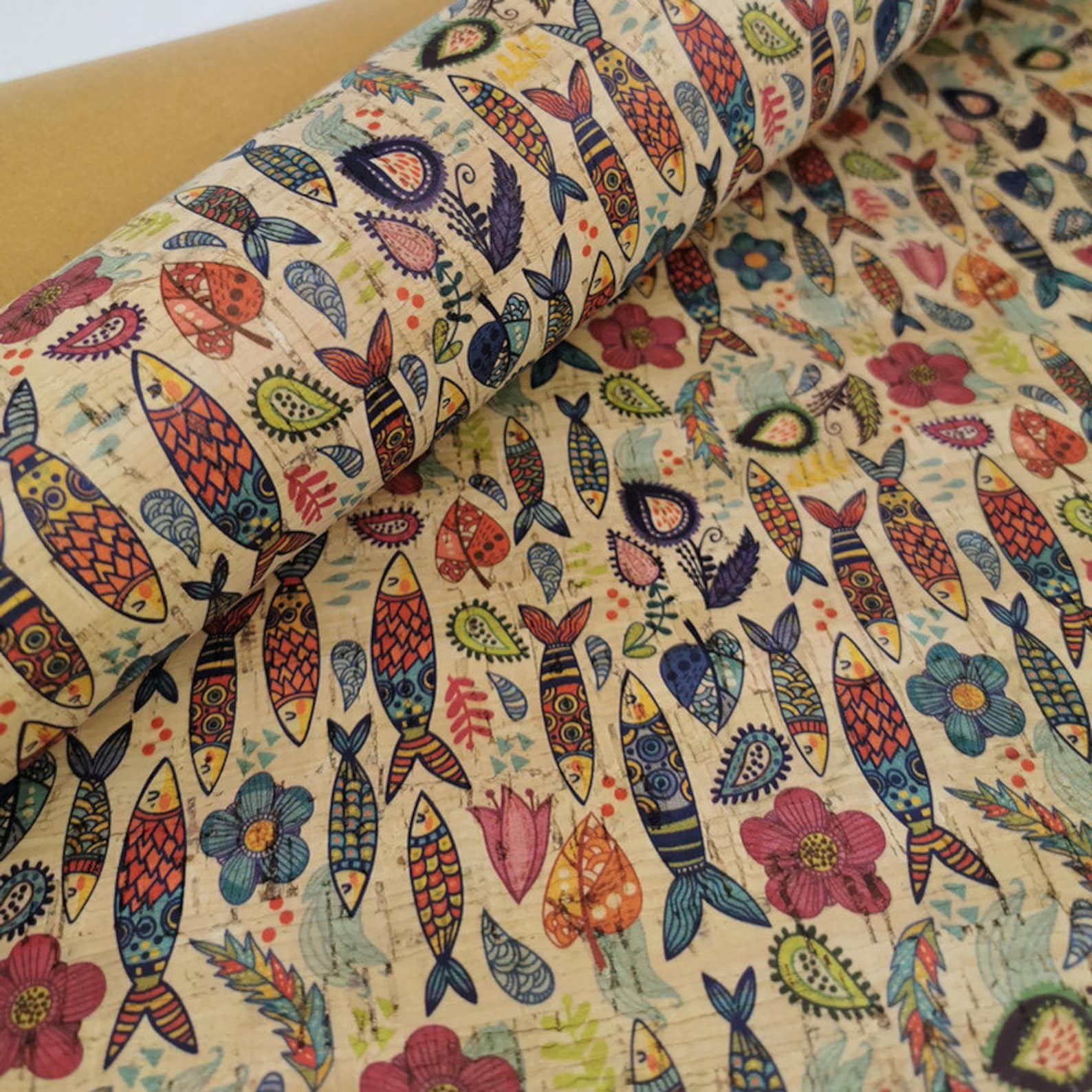 Sardine Printed Pattern on Natural Cork, Portuguese Cork Fabric ...