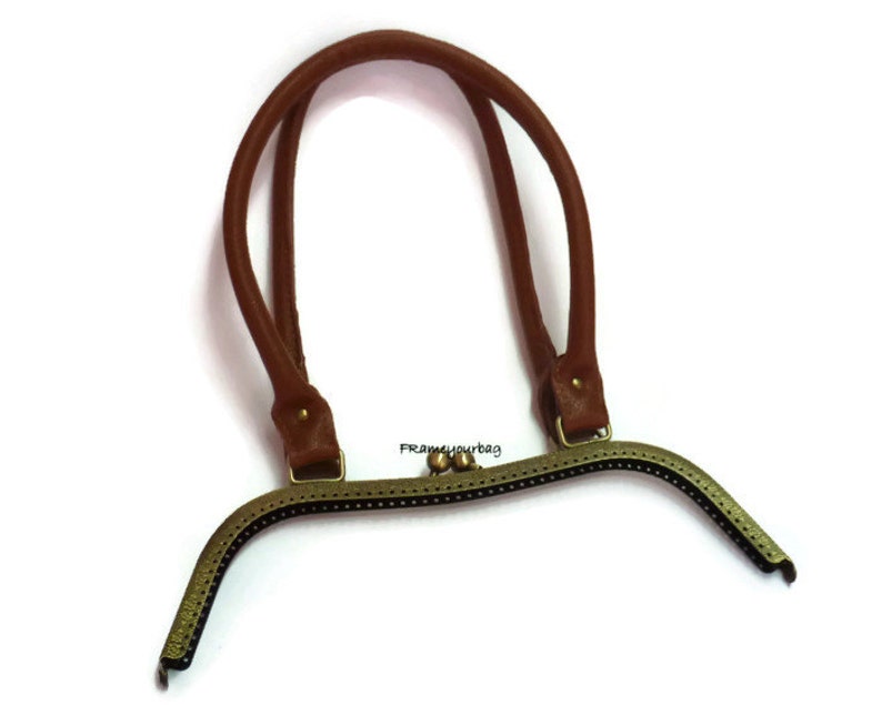 27 Cm/10,63 in Antique Brass Sewing Purse Frame Brown PU Leather Handle ...
