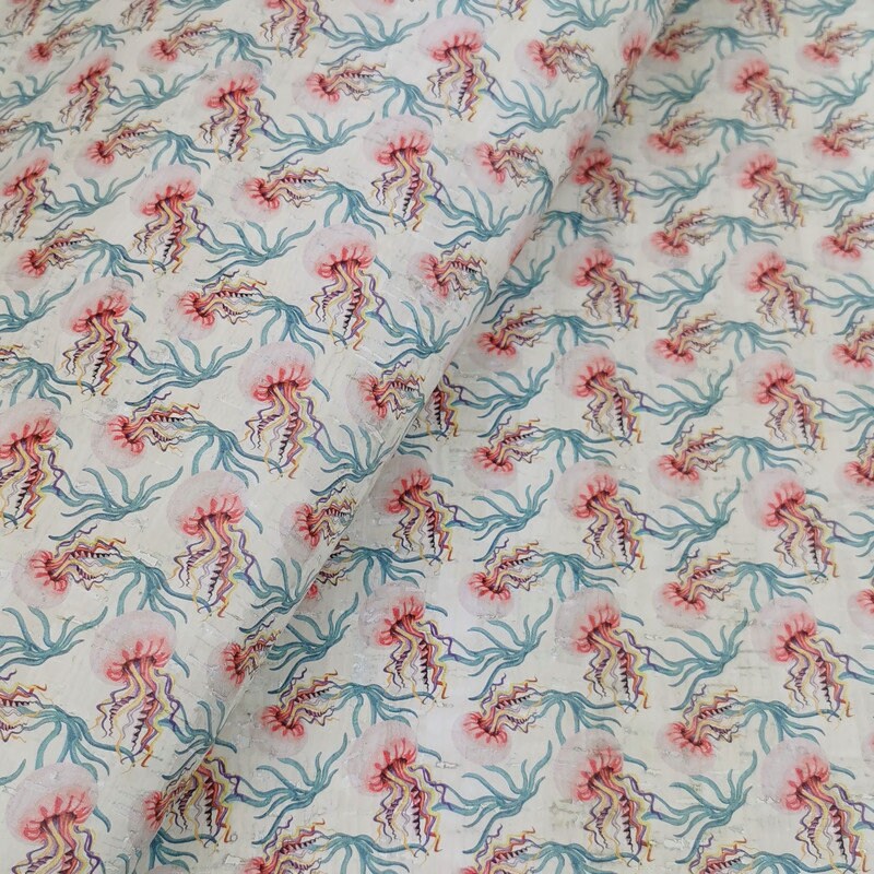 Portuguese Cork Fabric Jellyfish Pattern on White Cork | Etsy