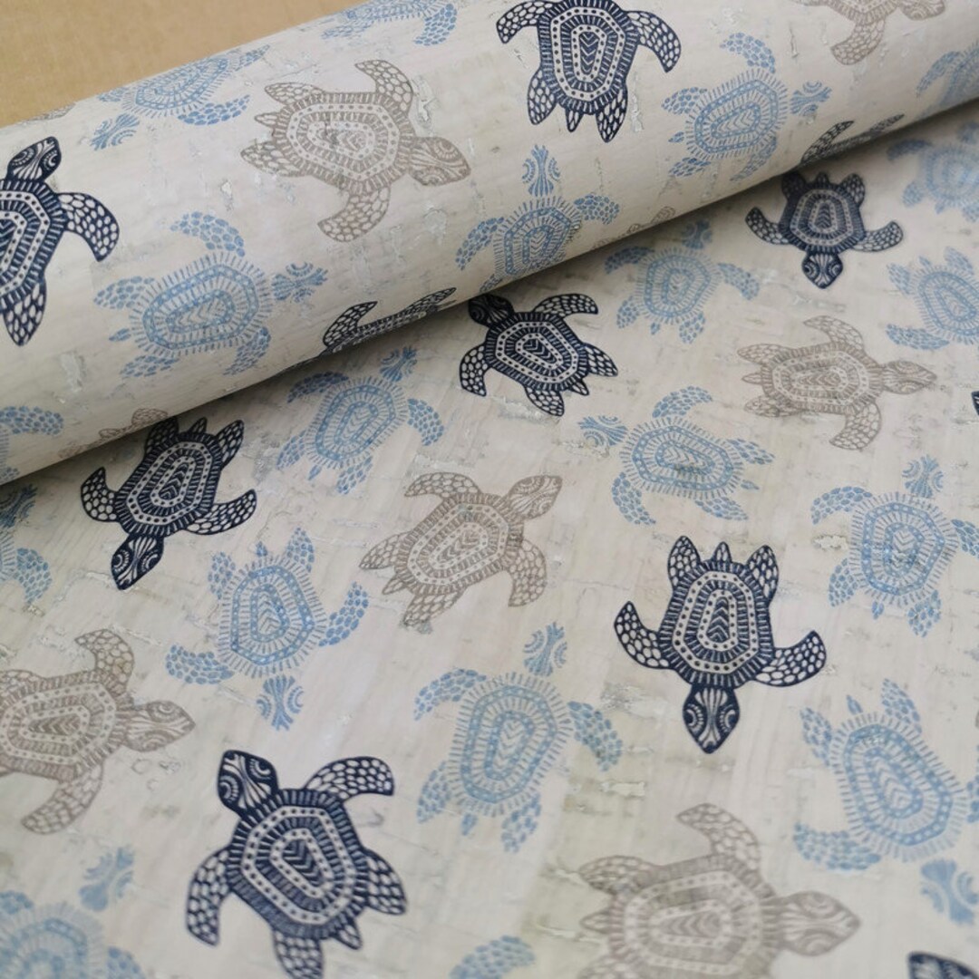 Portuguese Cork Fabric, Sea Turtle Pattern on White Cork 68x50cm / 26. ...