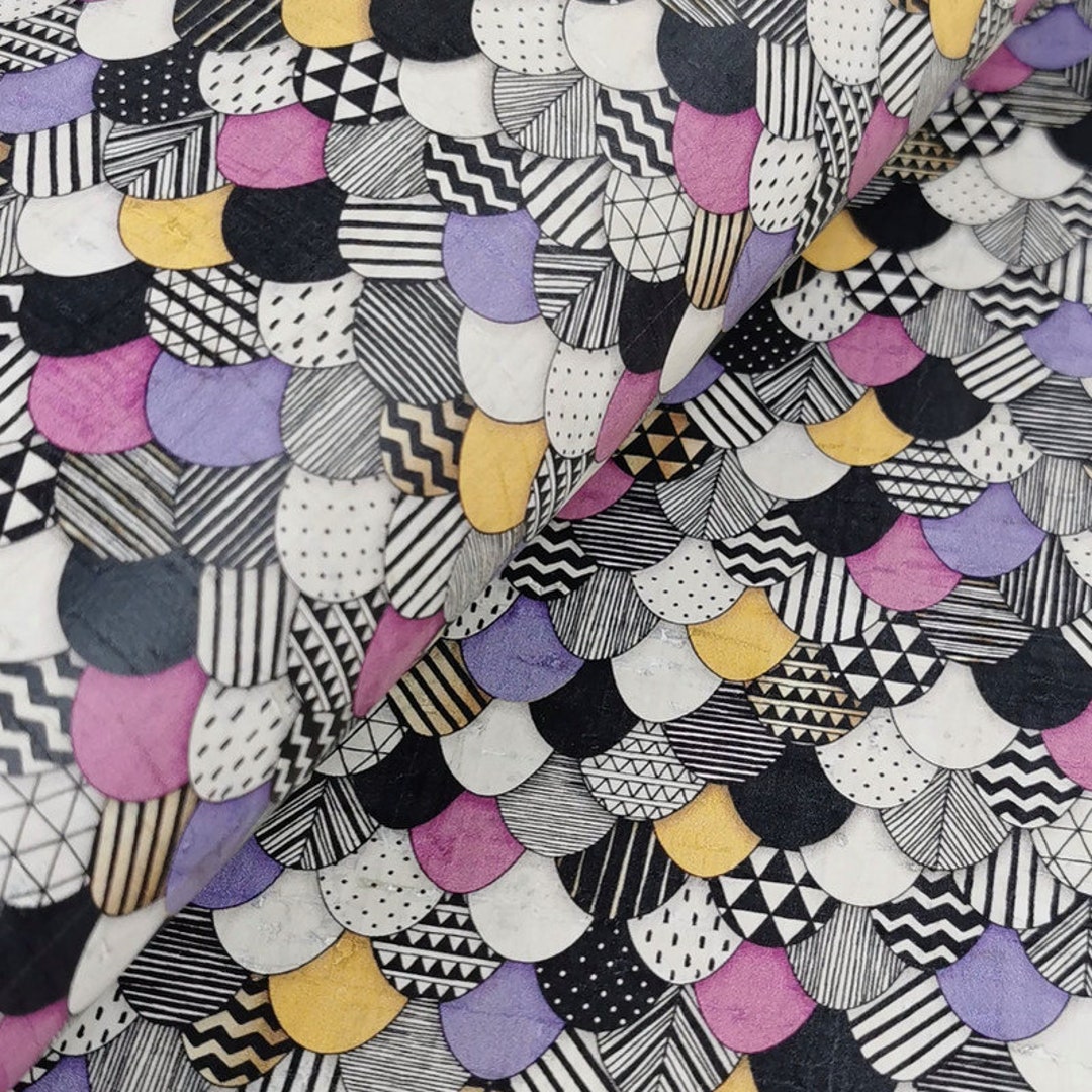 Portuguese Cork Fabric, Colorful Fish Scale on White Cork 68x50cm / 26. ...