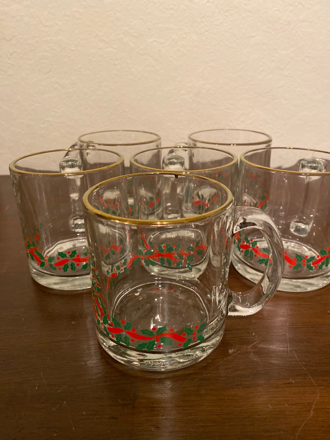 Christmas Glass Mugs Holly and Red Ribbon 12 Ounce Set of Six Gold Rim ...