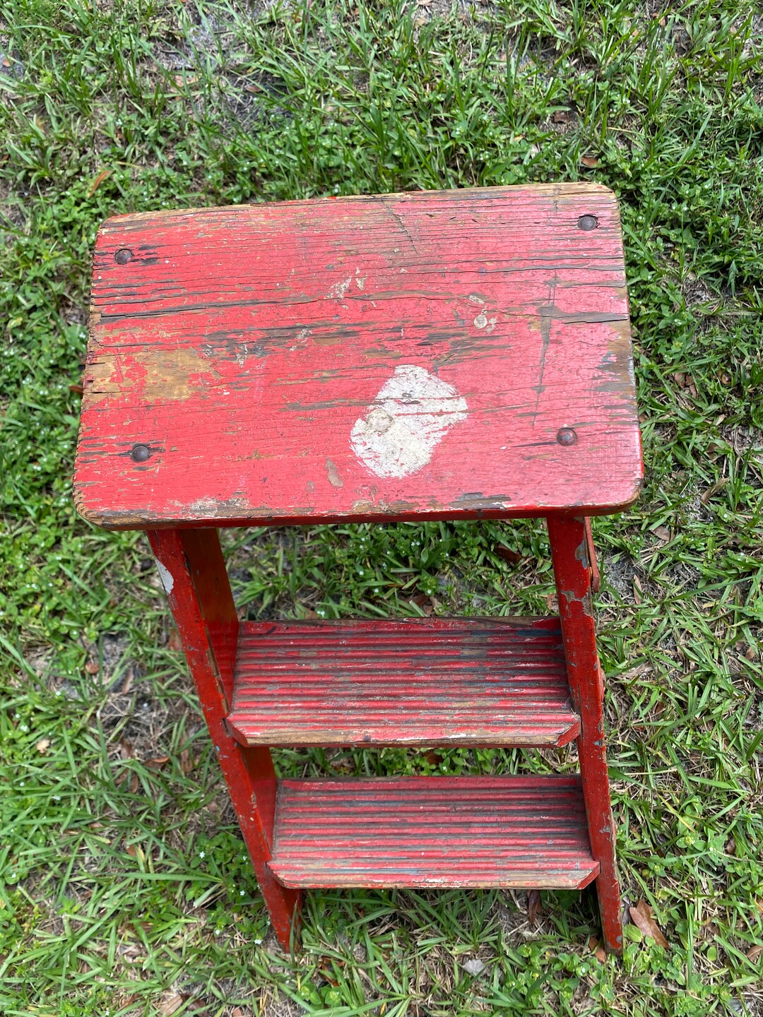 Red Step Ladder Distressed Painted Chippy Farmhouse Rustic 50s Kitchen ...