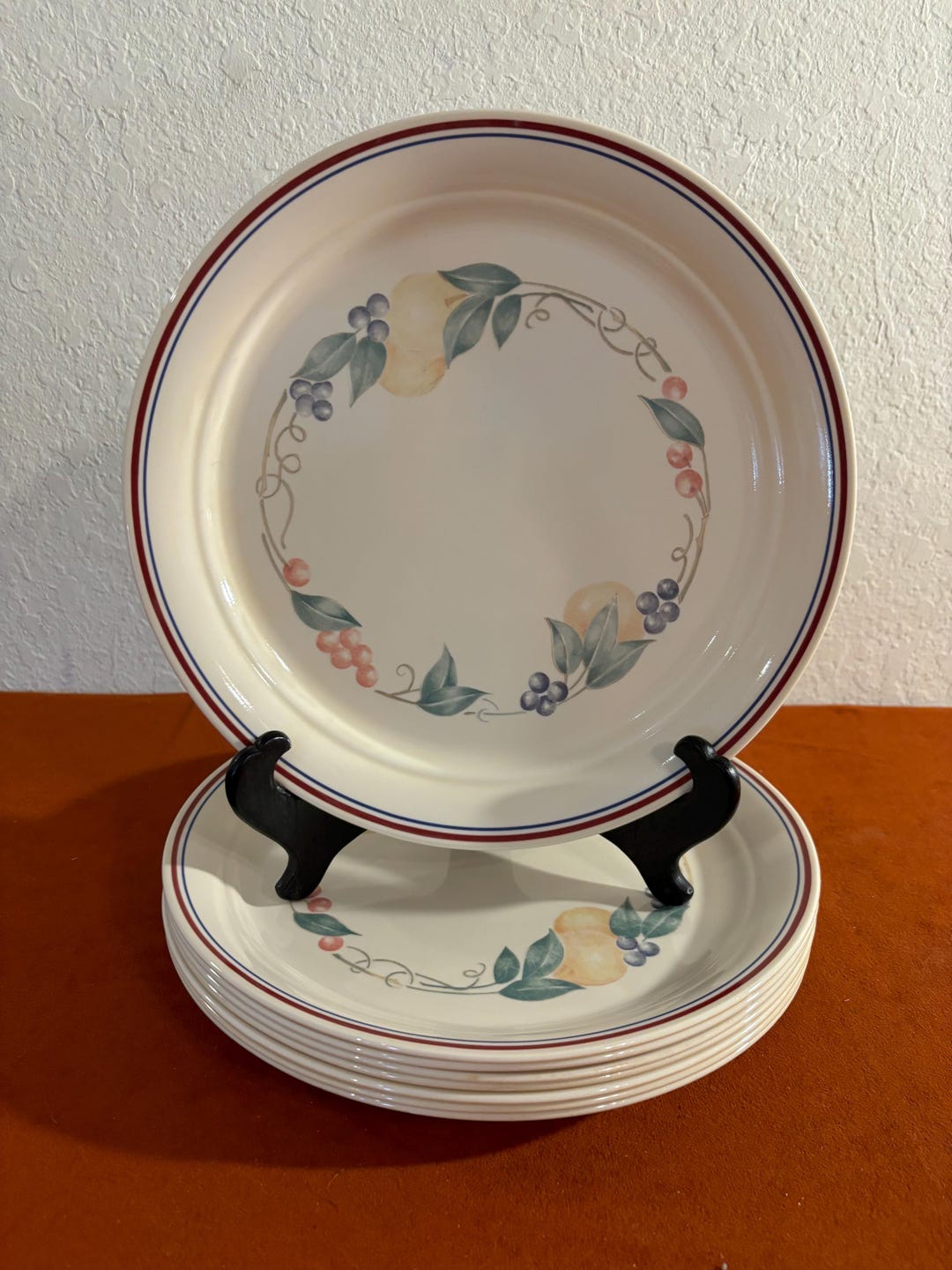 Corelle Abundance Plates 10" Set of Eight Fruit With Striped Border ...
