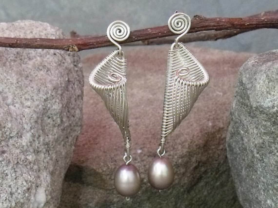 Wirewrap Earrings, Silver Earrings, Wirework Earrings, Pearl Earrings ...