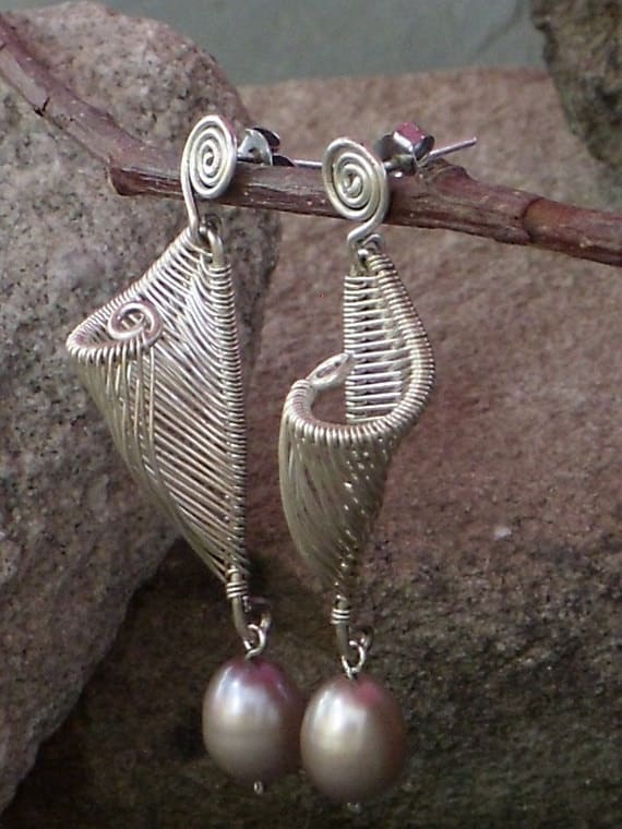 Wirewrap Earrings, Silver Earrings, Wirework Earrings, Pearl Earrings ...