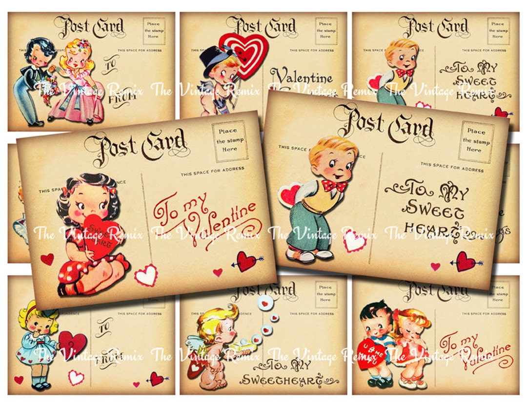 Instant Download, Printable Valentine Post Cards, Digital Collage Sheet ...