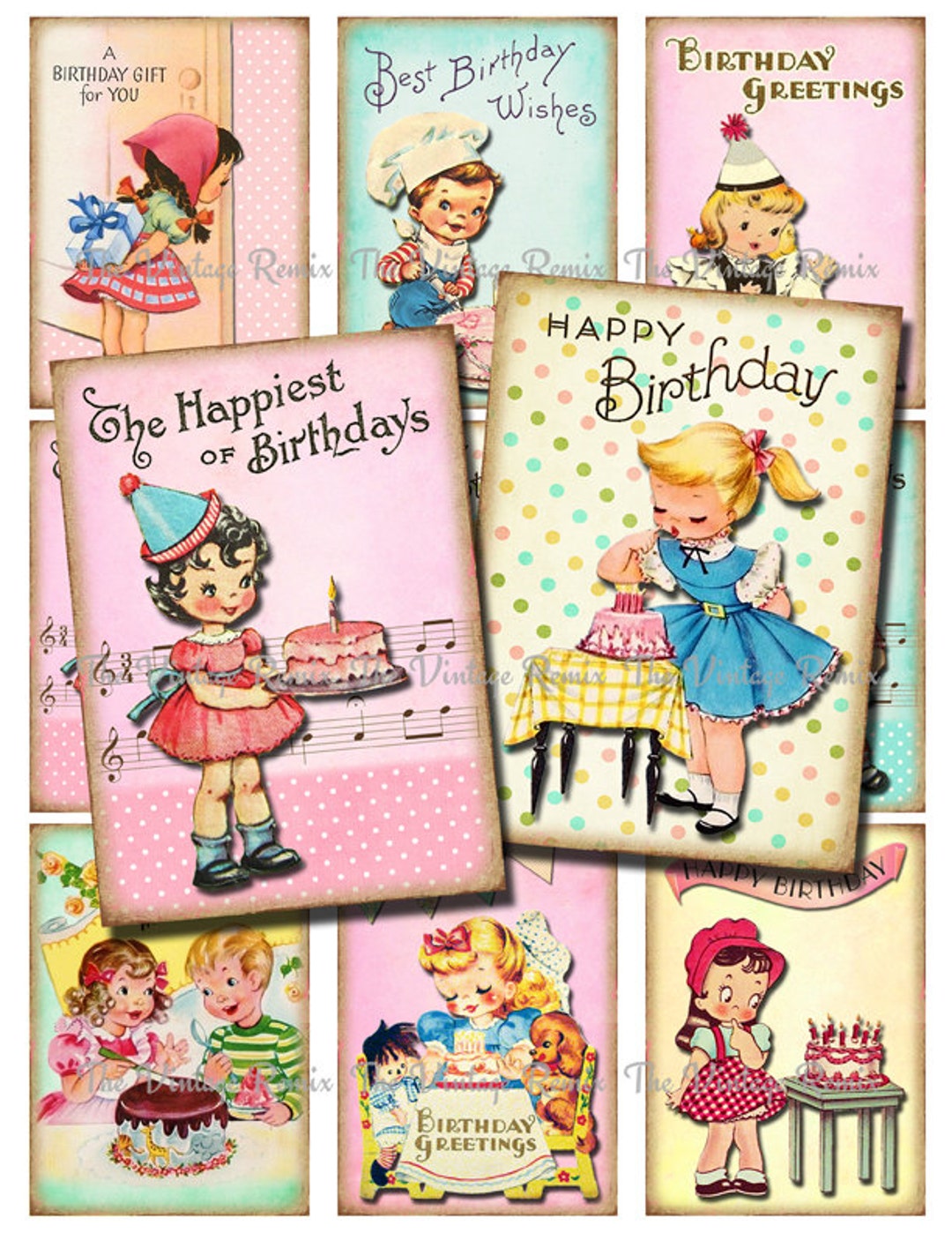 Retro Birthday Printables for Kids, INSTANT DOWNLOAD, Digital Collage ...