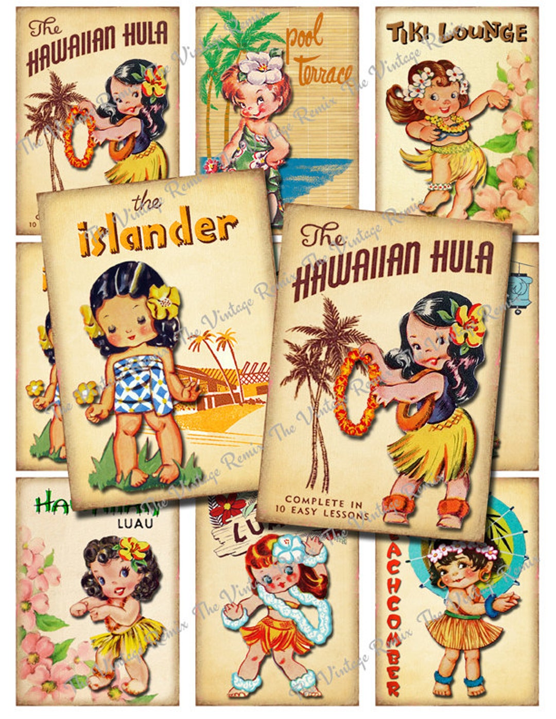 INSTANT DOWNLOAD, Vintage Hula Girls, Digital Collage Sheet, Retro ATC ...
