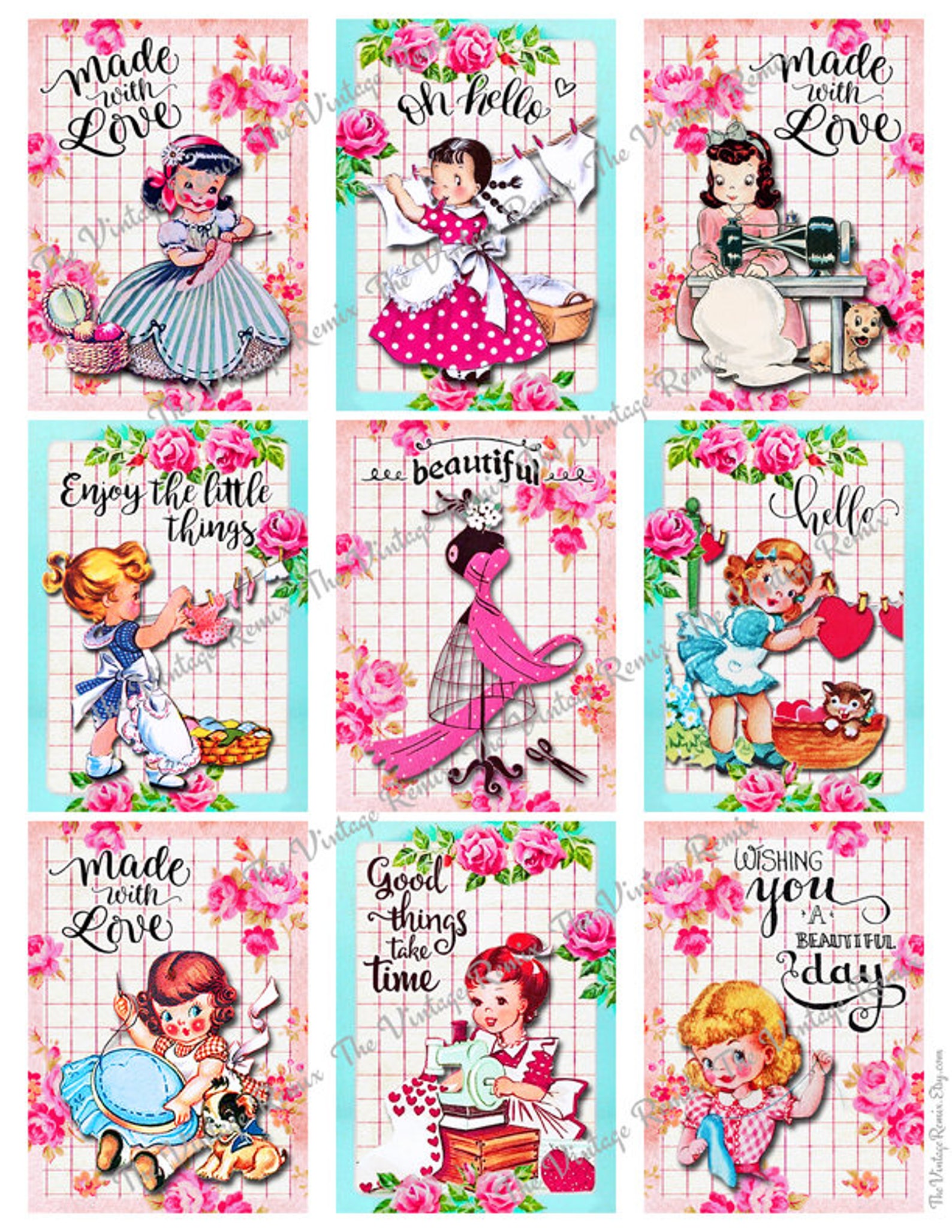 Printable Collage Sheet of Retro Vintage Girls Sewing and | Etsy