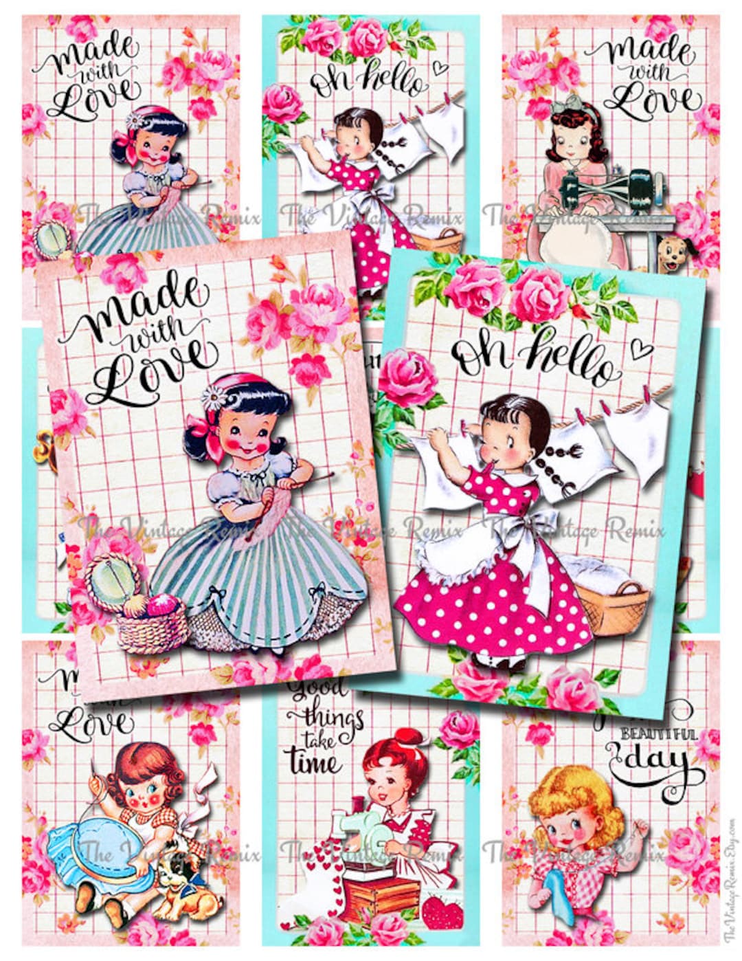 Printable Collage Sheet of Retro, Vintage Girls Sewing and Knitting ...